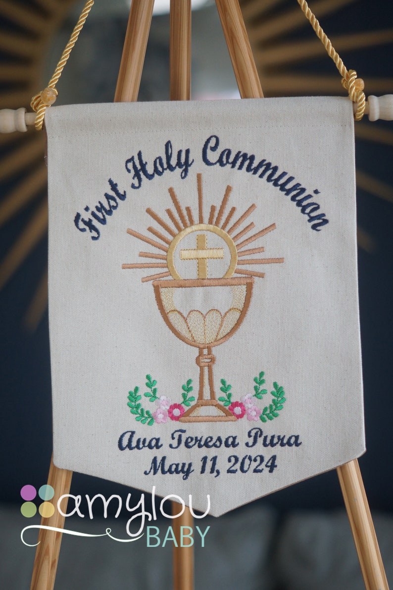 Embroidered First Communion Banner With Blue Flowers - Personalized ...