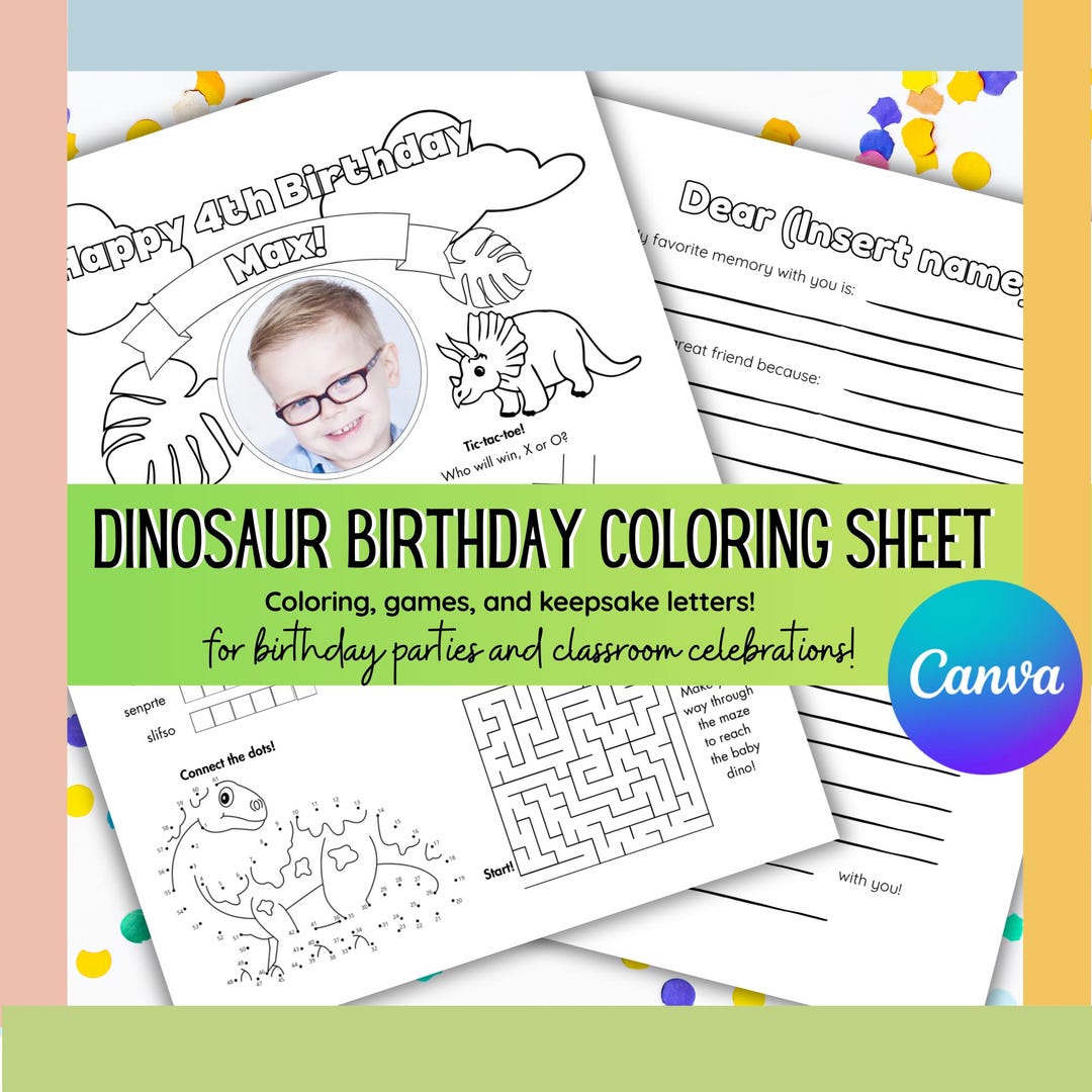 Dinosaur Birthday Activity Sheet | Editable Canva Template | Printable ...