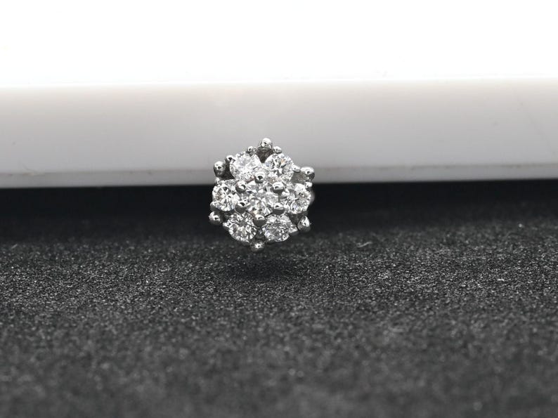 18K White Gold Natural Diamond Nose Pin, Ear Piercing Labret Bar ...