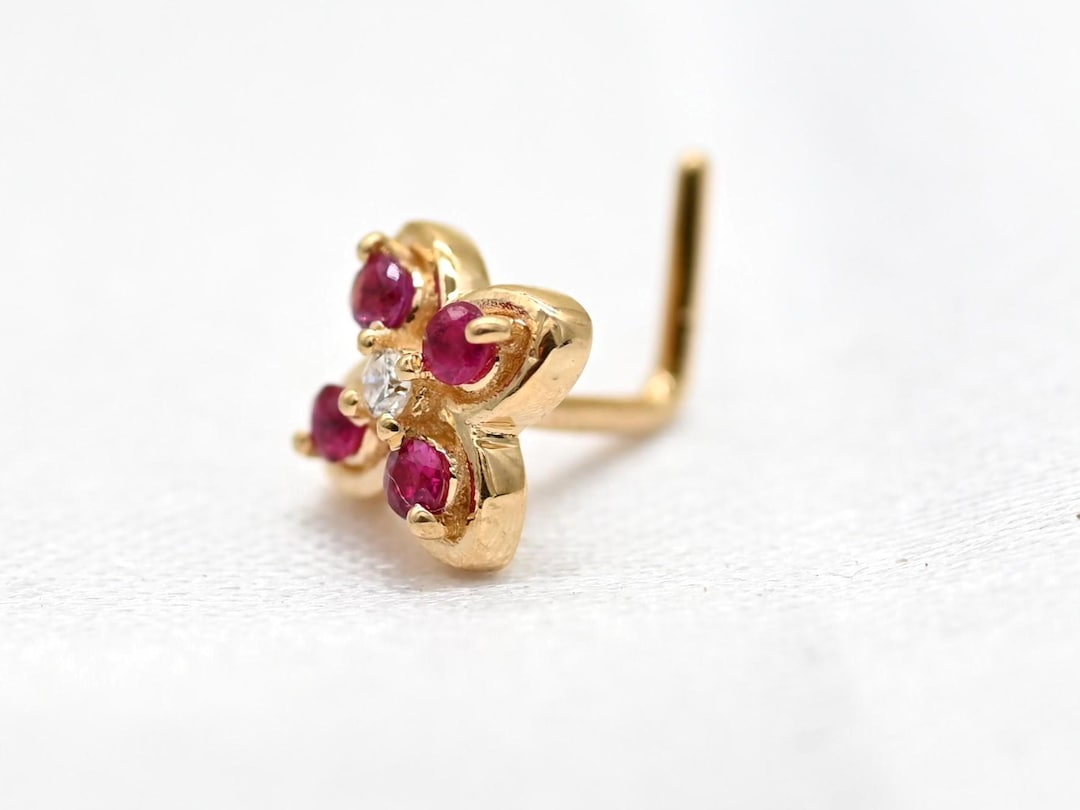 Nose Stud L Shape | Solid Gold Labret Piercing | Floral Nose Pin | 18G ...