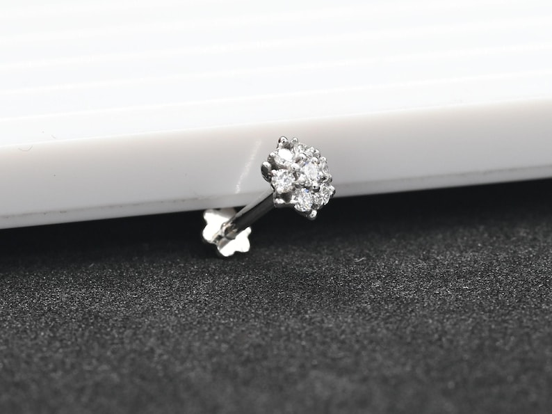 18K White Gold Natural Diamond Nose Pin, Ear Piercing Labret Bar ...