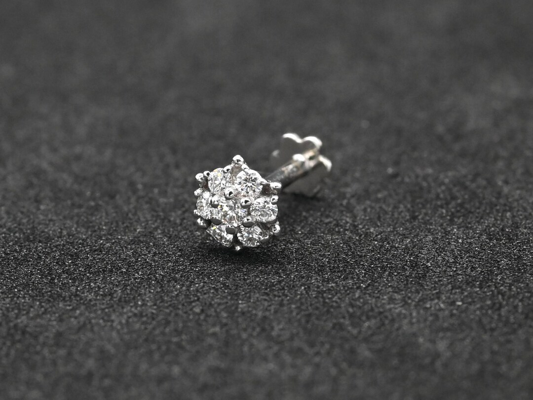 18K White Gold Natural Diamond Nose Pin, Ear Piercing Labret Bar ...