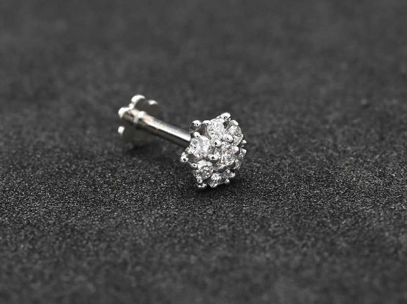 18K White Gold Natural Diamond Nose Pin, Ear Piercing Labret Bar ...