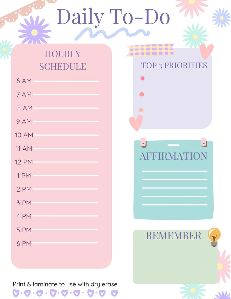 Pastel Daily To-do List | Printable Dry Erase Planner | Hourly Schedule ...