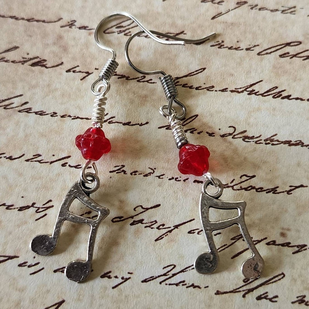 Music Note Dangle Earrings With Red Glass Bead - Etsy
