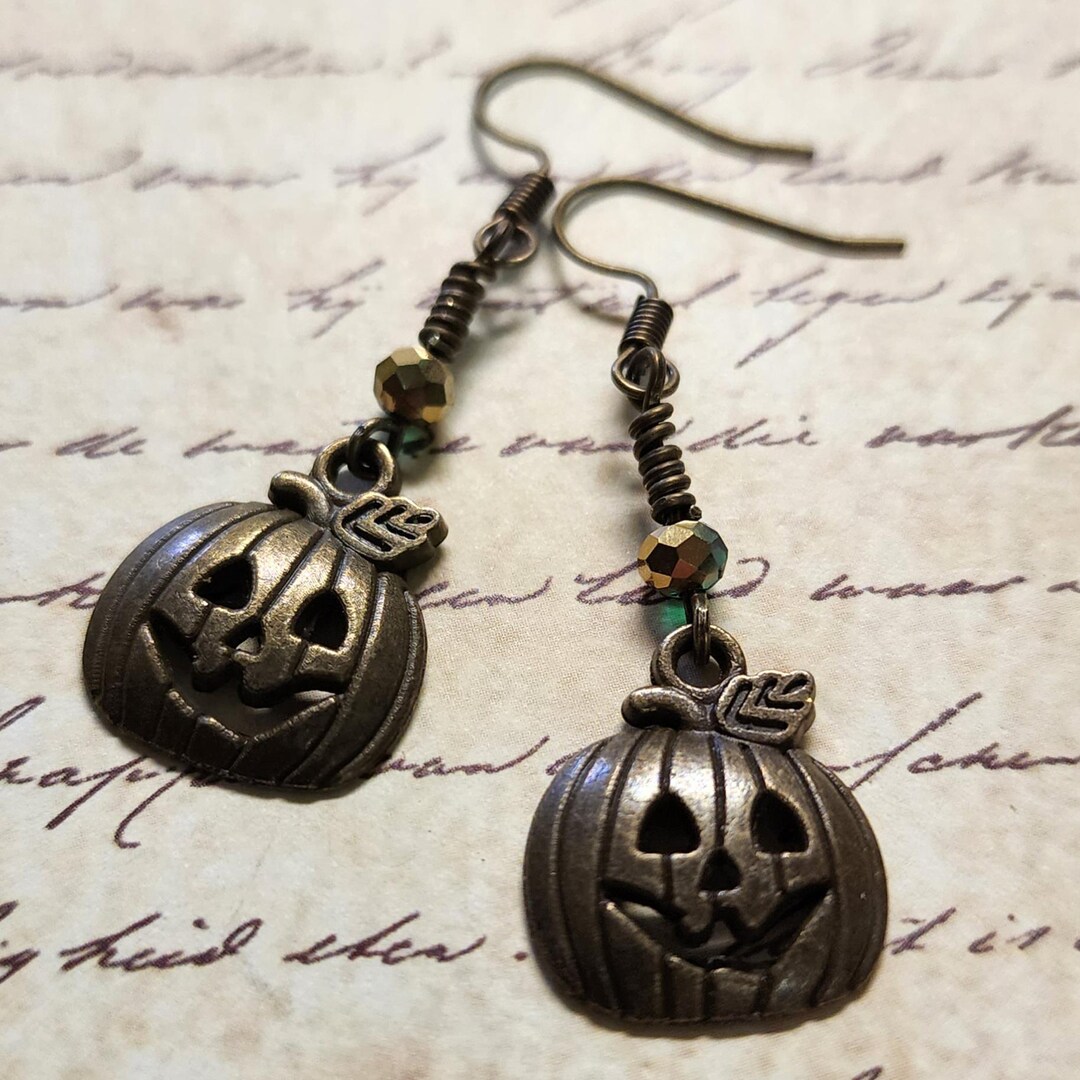 Copper Jack O' Lantern Dangle Earrings With Green and Gold Faceted ...