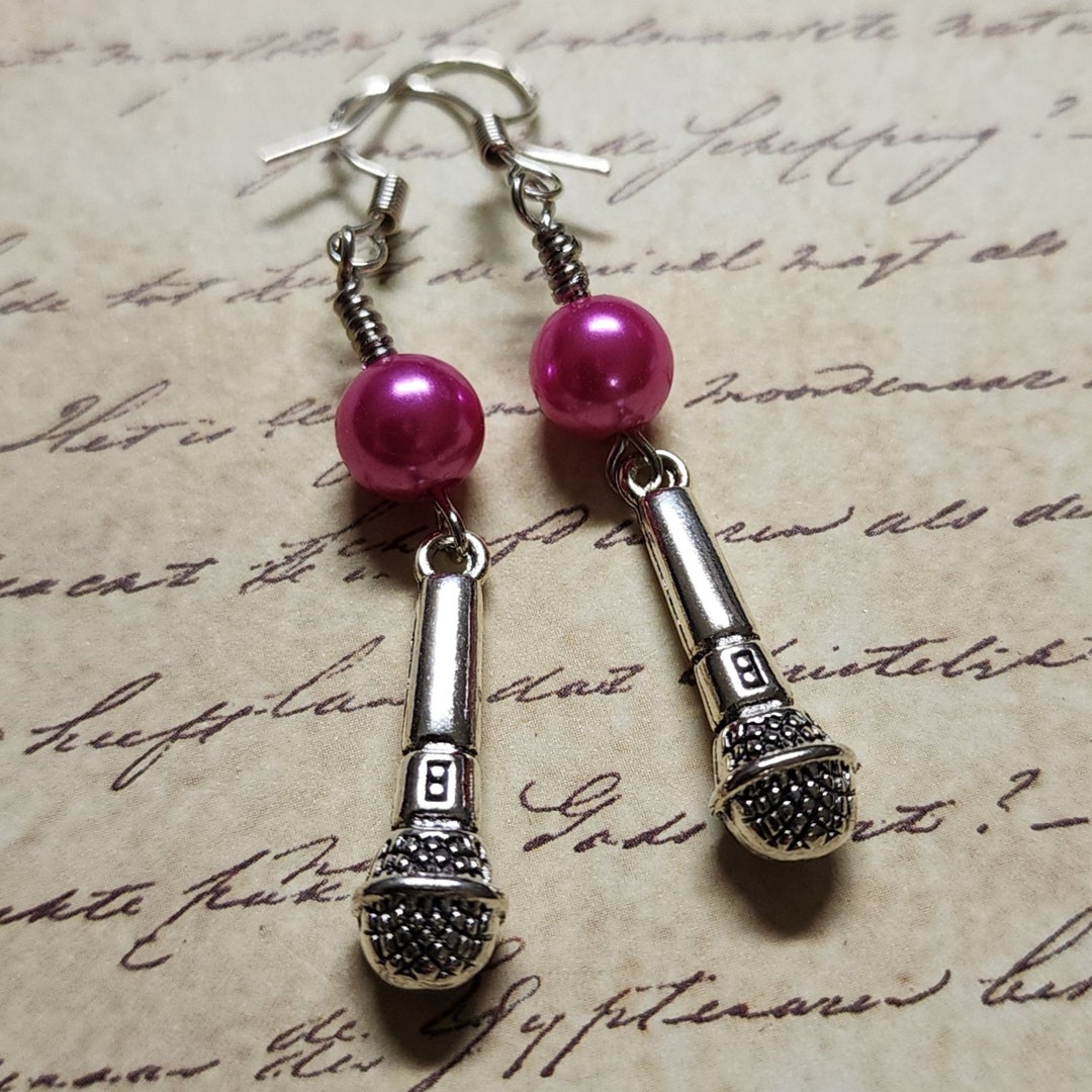 Microphone Dangle Earrings With Pink Pearl - Etsy