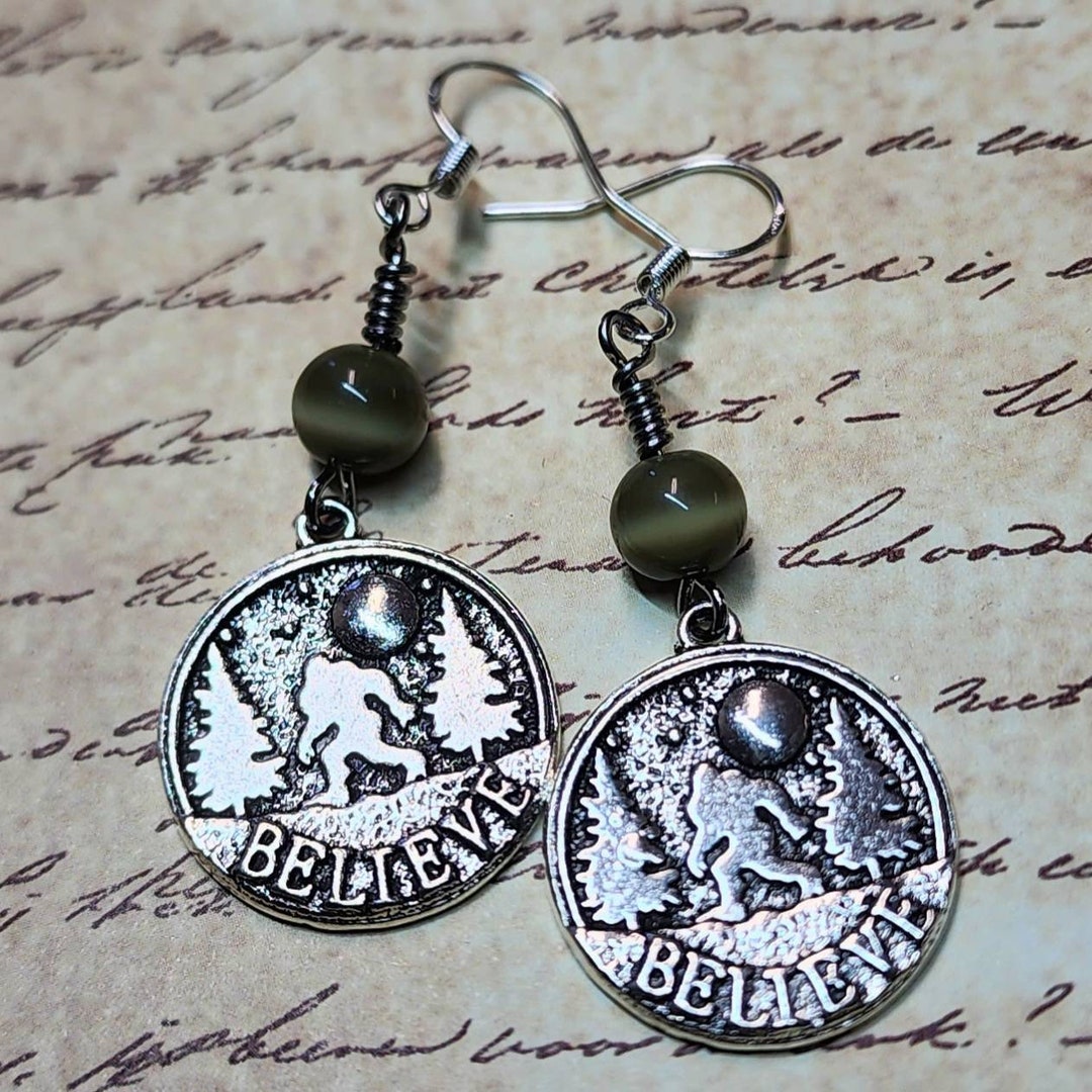 Sasquatch Dangle Earrings With Green Cats Eye Round Glass Bead - Etsy