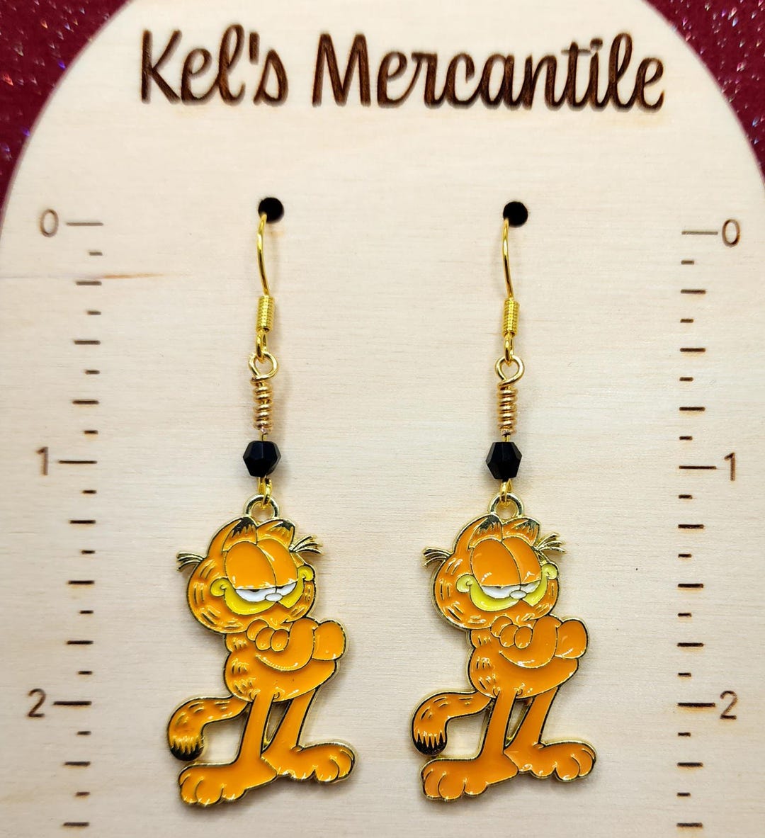 Garfield Dangle Earrings With Black Faceted Glass Bead - Etsy