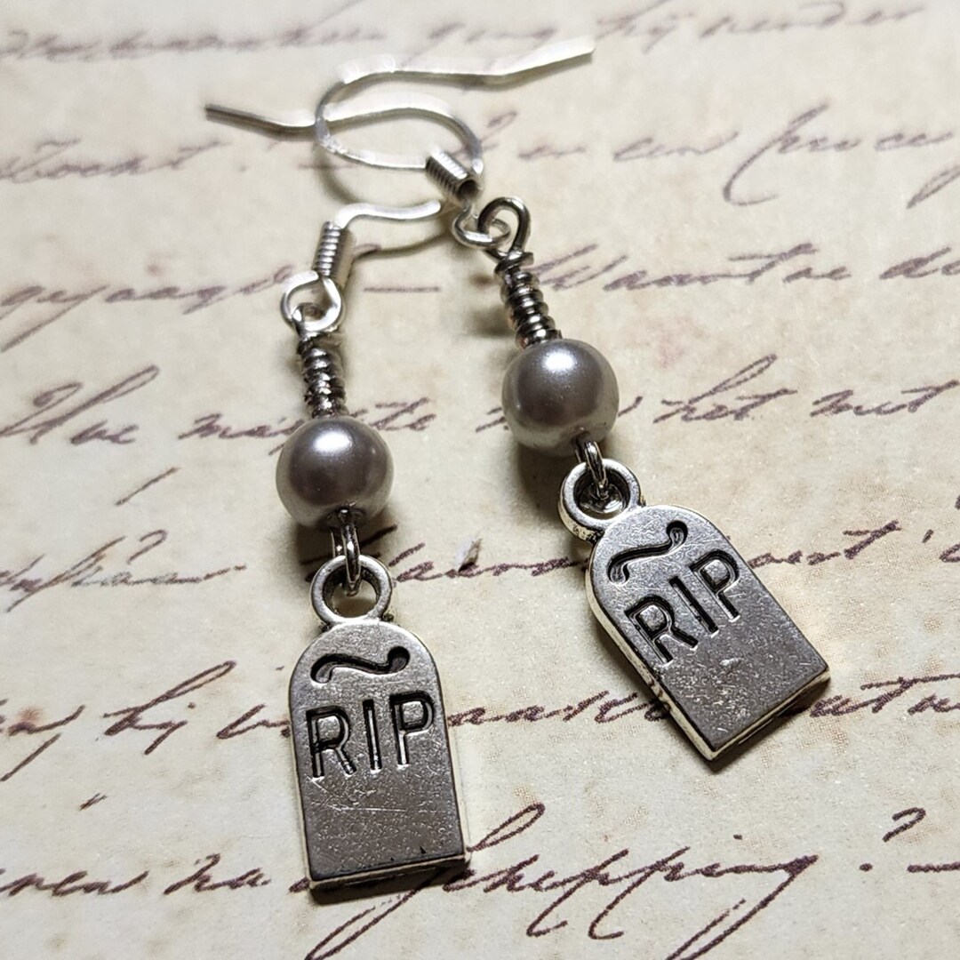 Headstone Tombstone Grave RIP Dangle Earrings With Grey Pearl - Etsy
