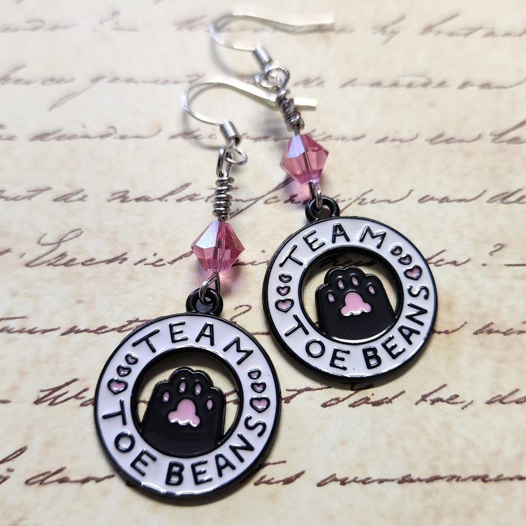 Enamel Team Toe Beans Cat Dangle Earrings With Pink Faceted Crystal ...