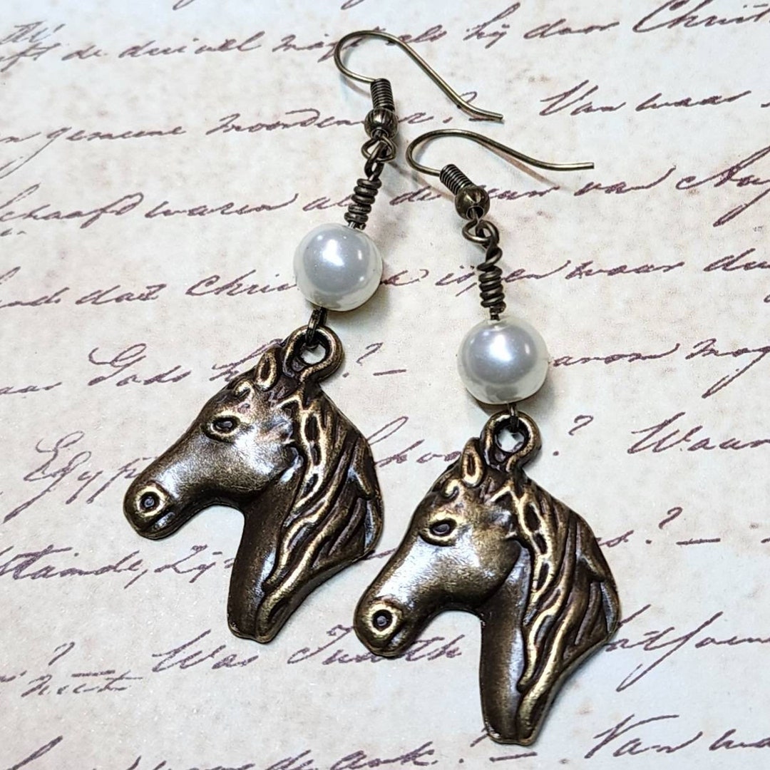 Horse Mustang Dangle Earrings With White Pearl - Etsy