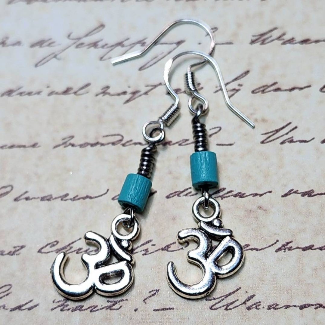 Om Hindu Symbol Dangle Earrings With Turquoise Wooden Bead - Etsy