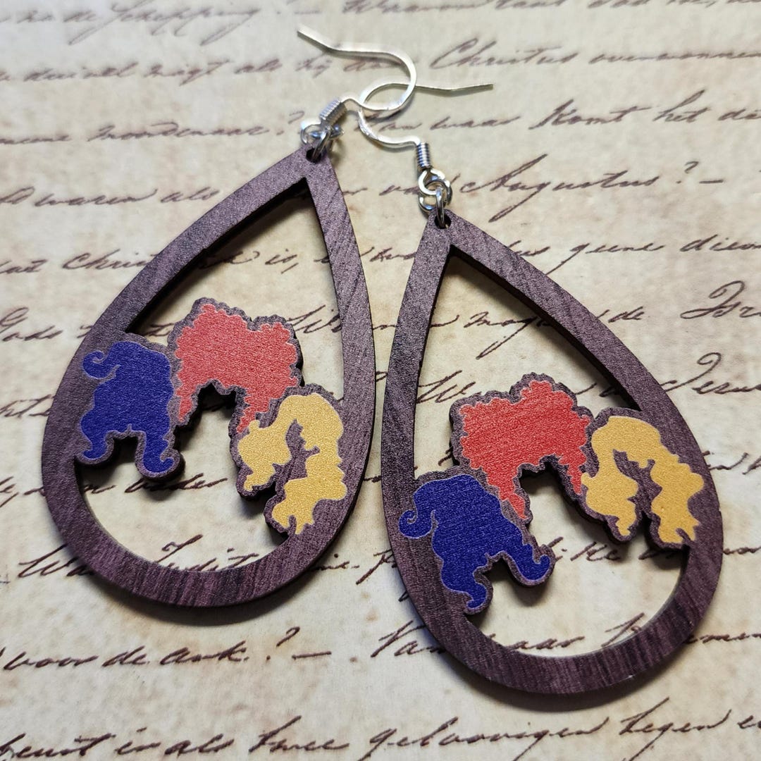 Wooden Teardrop Three Sisters Halloween Dangle Earrings - Etsy