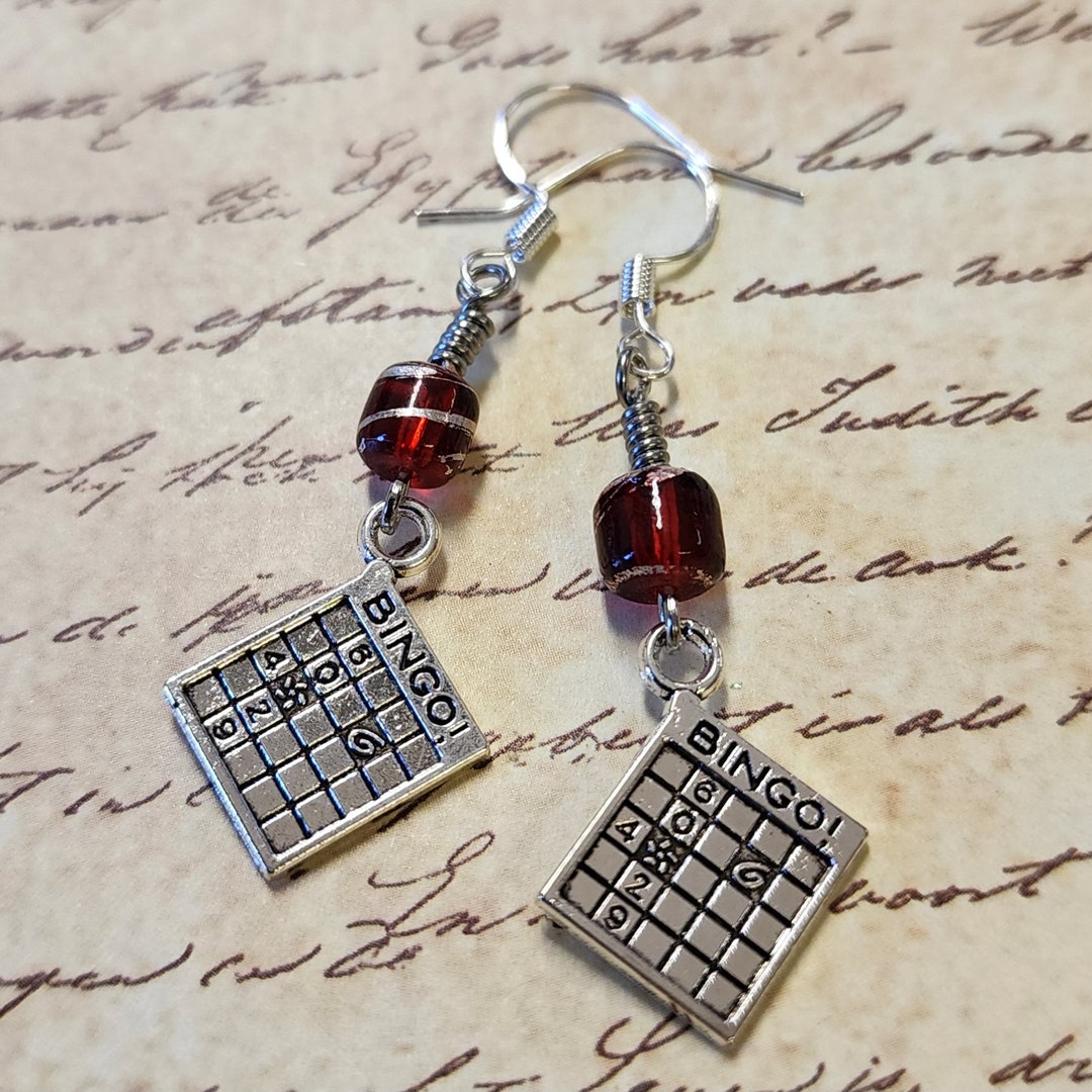 Bingo Card Dangle Earrings With Red and Silver Swirl Glass Bead - Etsy