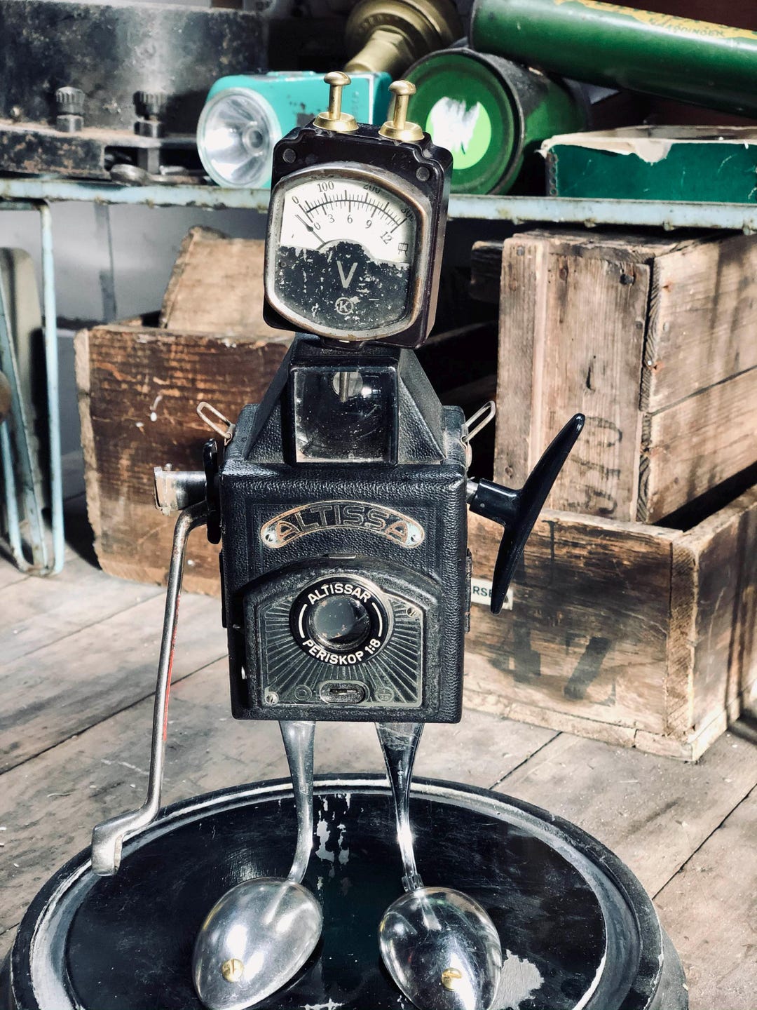 Upcycle Robot. Scrapbot Art Figurine From Old Voltmeters, Camera and ...
