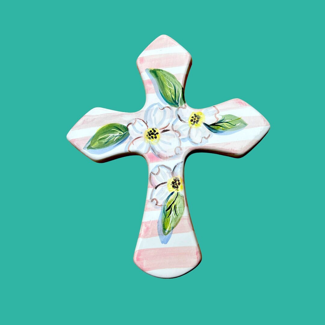 CERAMIC CROSS With Hand Painted-glazed Dogwood Blossoms & Pink Stripes ...