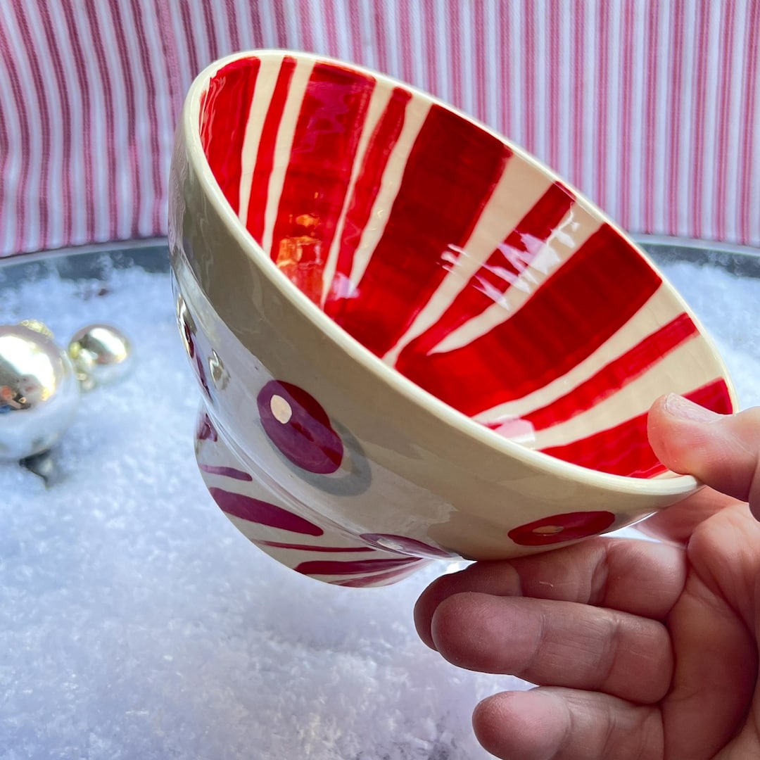 Red & Ivory Peppermint Stripe Pottery Snack or Decorative Bowl - Etsy