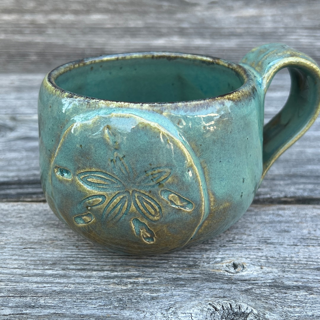 Sand Dollar Sculpted Stoneware Coffee Mug in Seafoam Green Glaze - Etsy