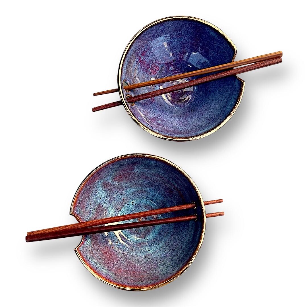 Set of 2 RAMEN NOODLE Stoneware Pottery Bowls in Rust, Pink and Blue ...