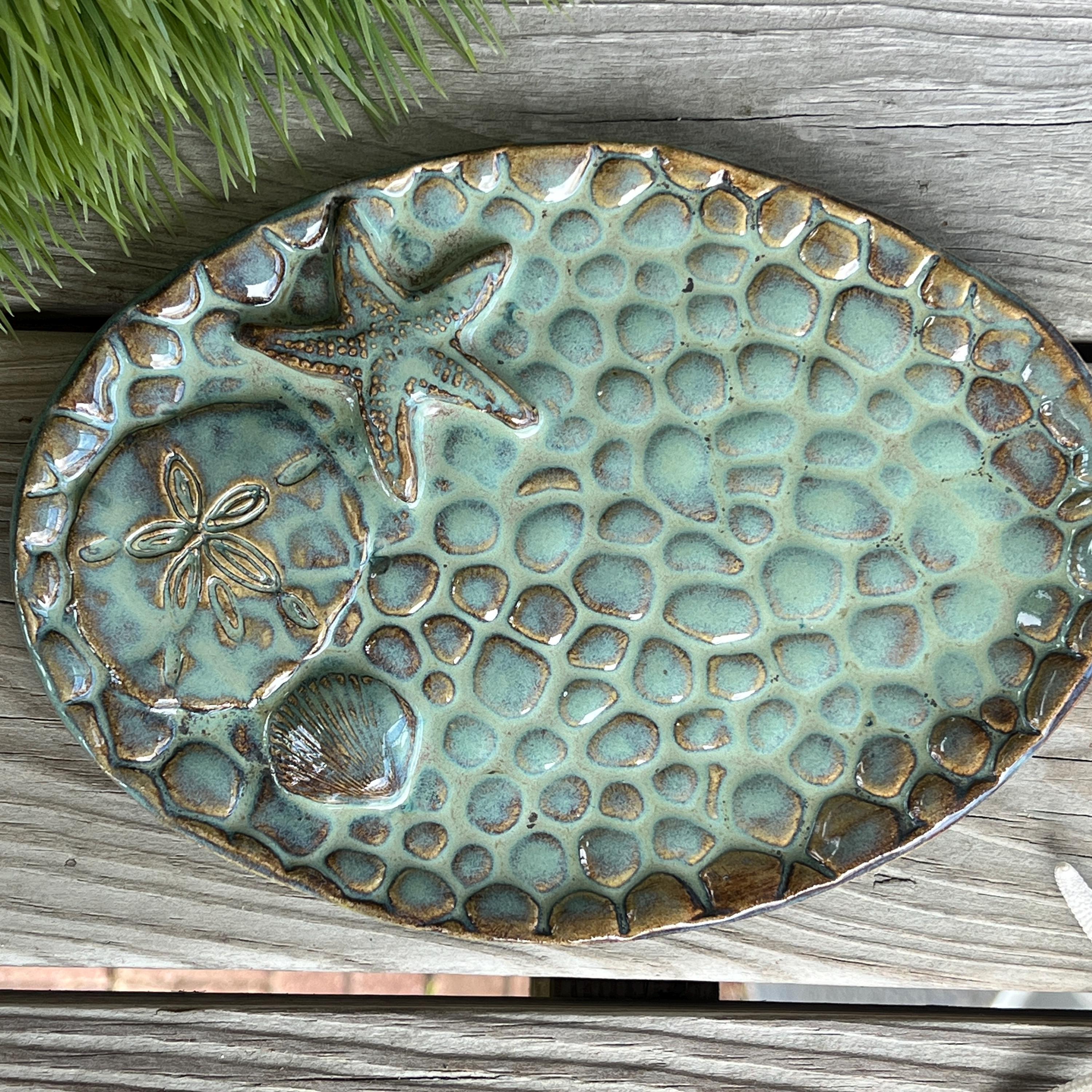 Oval Stoneware Sculpted Sea Shells Platter in Sea Foam Green and Brown ...