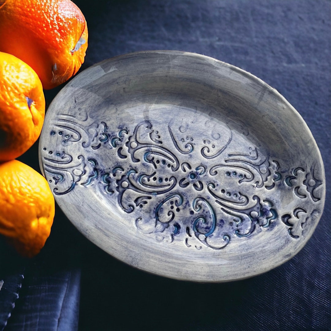 Blue Denim Oval Pottery Plate, Charcuterie, Jewelry, Trinket or Soap ...