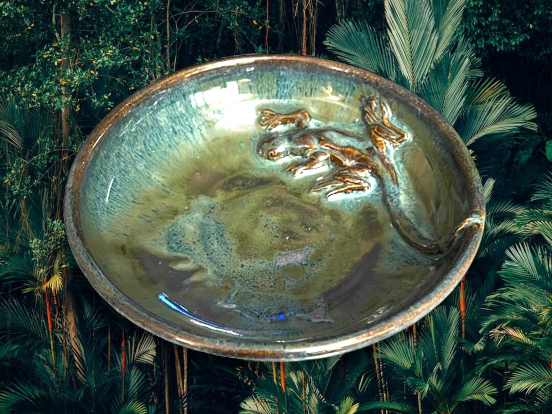 Sculpted Lizard on Forest Green & Brown Pottery Bowl/stoneware - Etsy