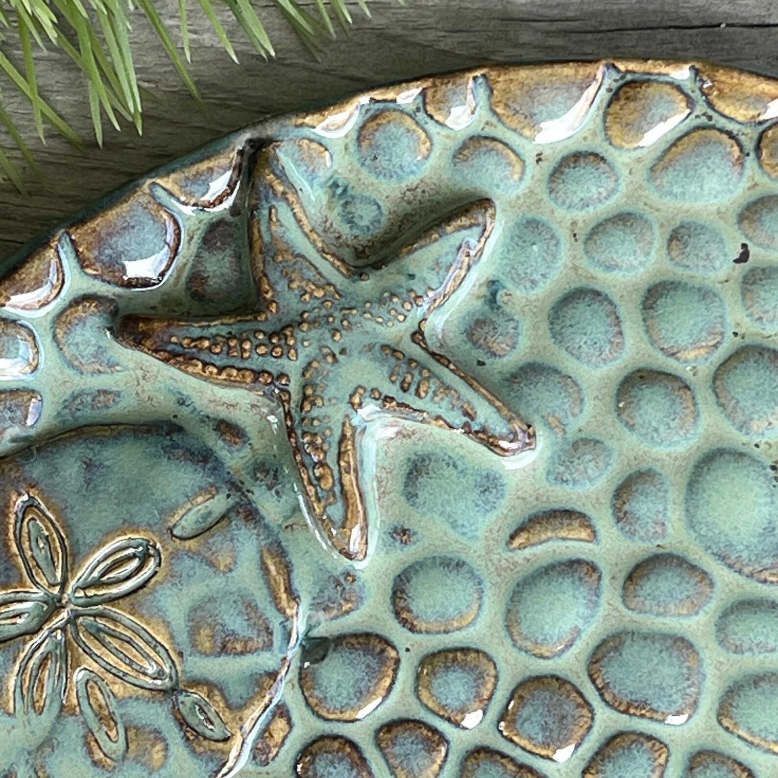 Oval Stoneware Sculpted Sea Shells Platter in Sea Foam Green and Brown ...