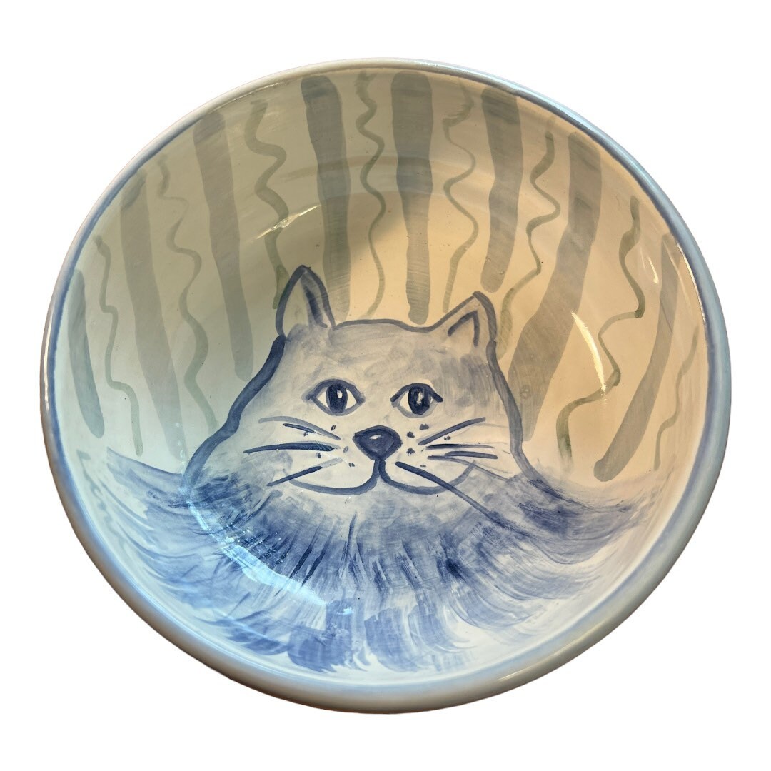 Happy Blue Cat Pottery Bowl With Blue Stripes/ice Cream-snack or ...