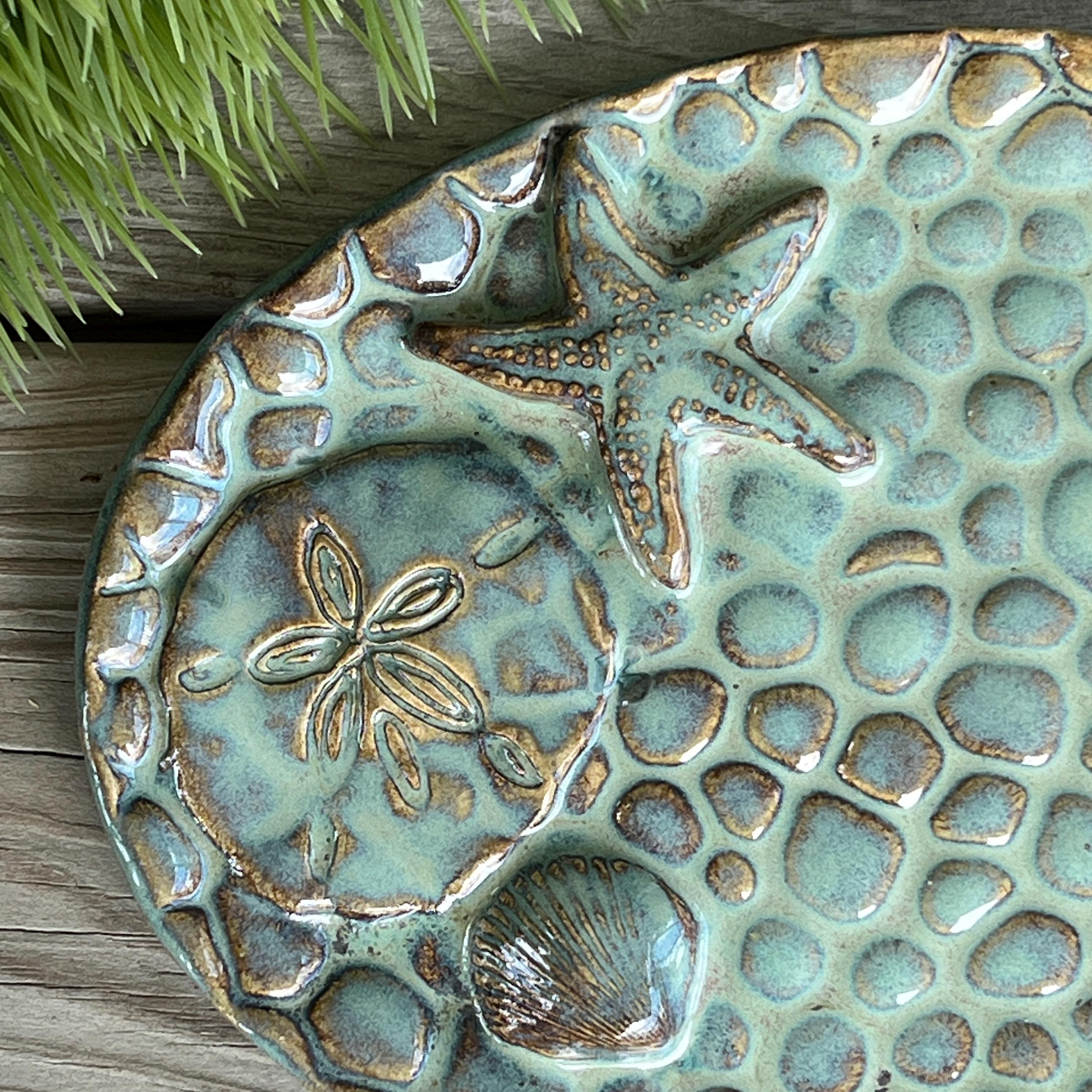 Oval Stoneware Sculpted Sea Shells Platter in Sea Foam Green and Brown ...