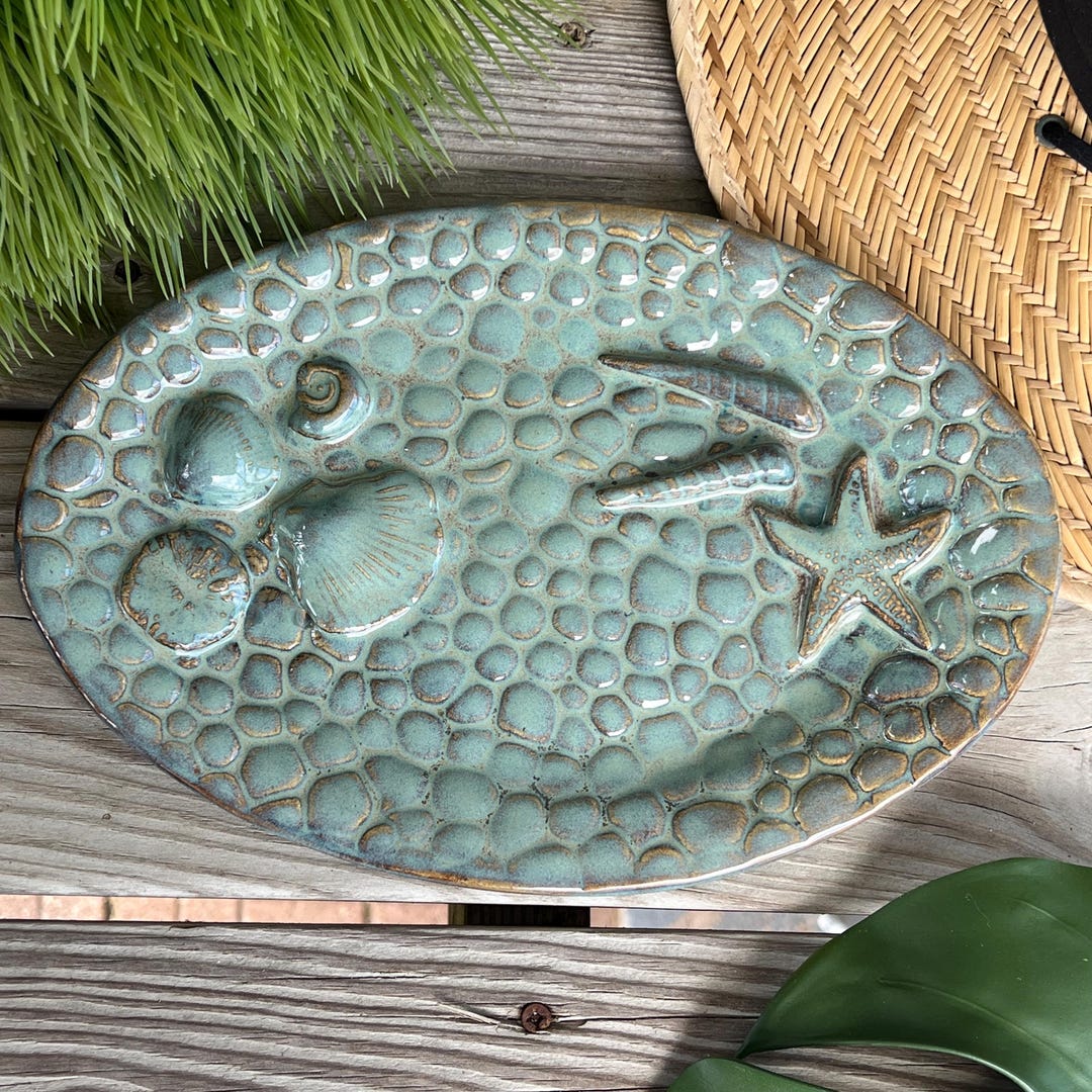 Oval Stoneware Sculpted Sea Shells Platter in Sea Foam Green and Brown ...