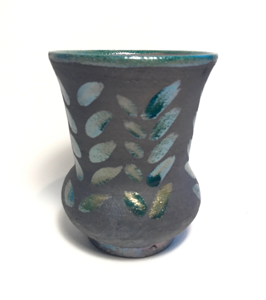 Raku Pottery Vase in Charcoal Gray With Green Leaf Designs - Etsy
