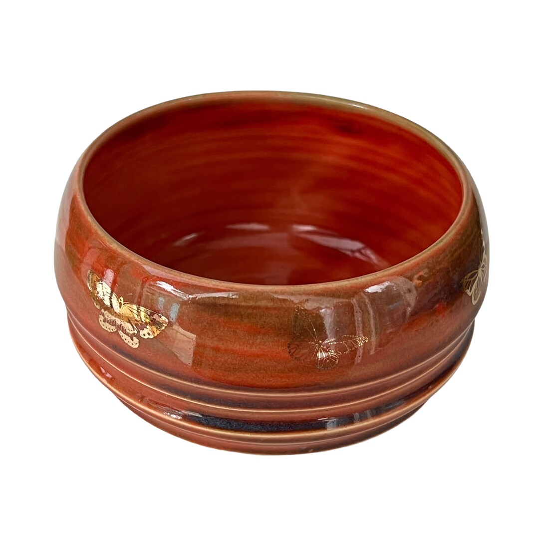 Rust Pottery Bowl or Planter With Genuine 18K Gold Butterflies ...