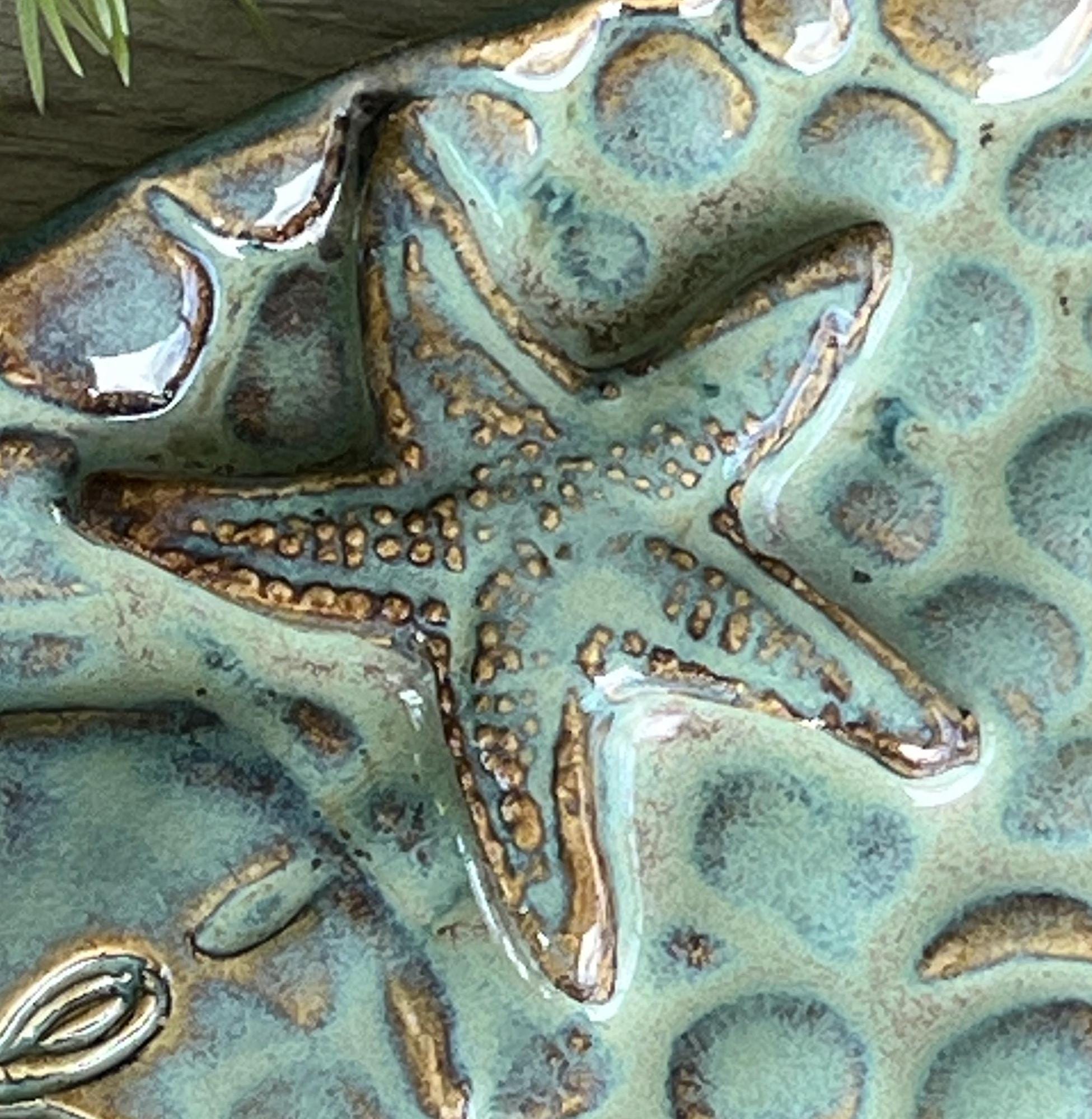 Oval Stoneware Sculpted Sea Shells Platter in Sea Foam Green and Brown ...