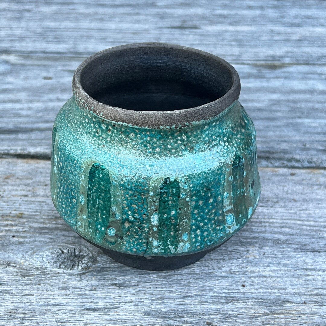 Emerald Green Raku Pottery Vase With Carved Facet/smoke & Flame Fired ...