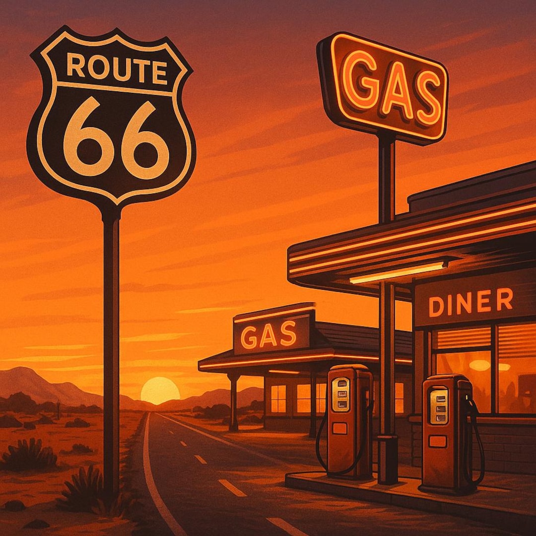 Route 66 Retro Gas Station Print – Vintage Americana Wall Art – Digital ...