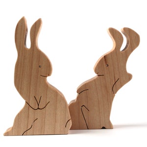 Wood Rabbit Pair, Whimsical Rabbit Decoration, Wooden Easter Bunny, Two ...
