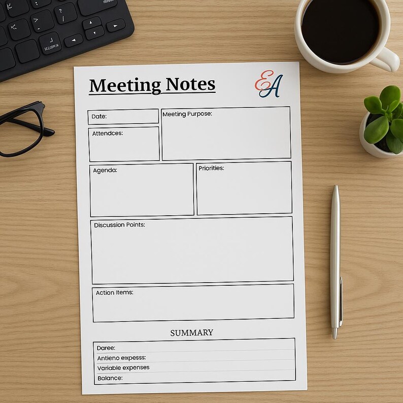 Meeting Notes Printable | EA Meeting Organizer | Agenda, Priorities ...