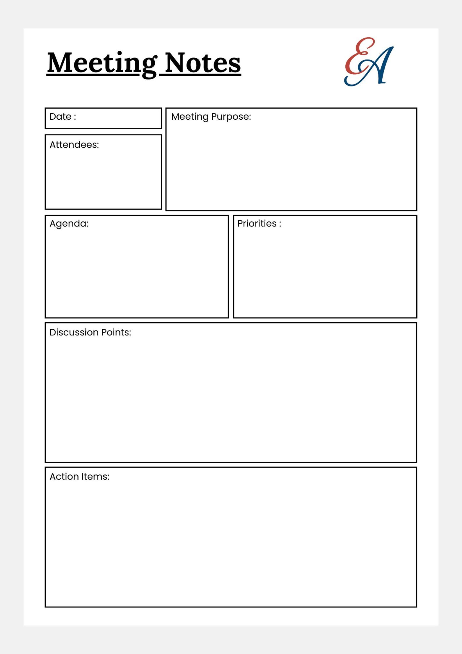 Meeting Notes Printable | EA Meeting Organizer | Agenda, Priorities ...