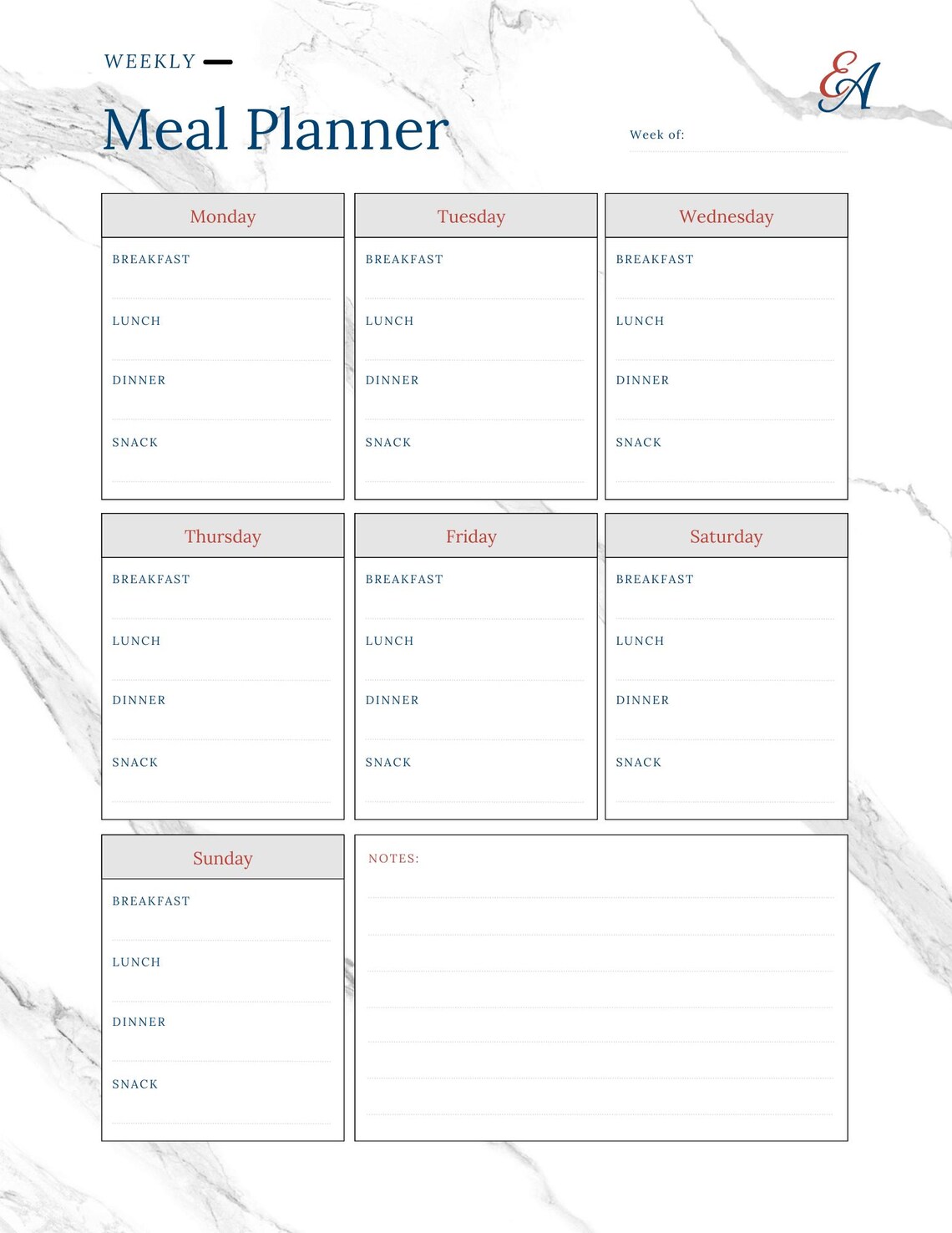 Weekly Meal Plan Printable | Family Meal Tracker | Kitchen Organizer ...