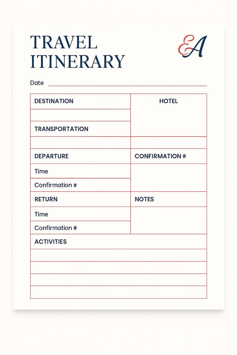 Travel Itinerary Printable | Executive Trip Planner | EA Travel ...