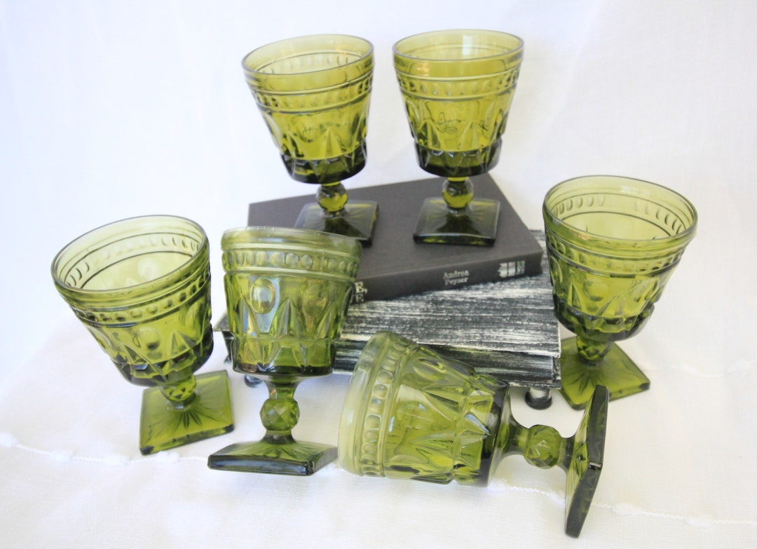 Vintage Green Pressed Glass Goblets Park Lane By Colony Water Or Wine Set Of 6 Etsy
