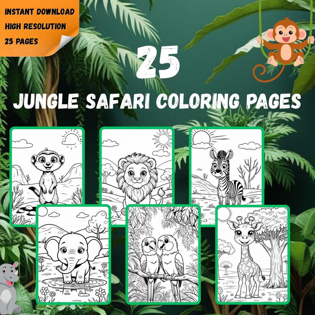 25 Jungle Safari Coloring Pages (animals) Digitaal - Etsy
