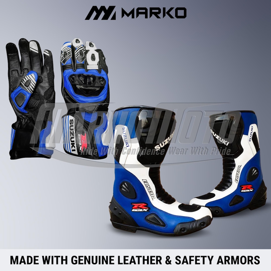 Men Suzuki GSX-R Blue Leather Motorcycle Racing Gloves and Boots ...