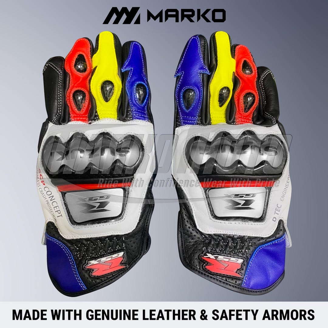 Suzuki GSX-R Motorcycle Racing Leather Gloves: Armored, Pre-curved Fit ...
