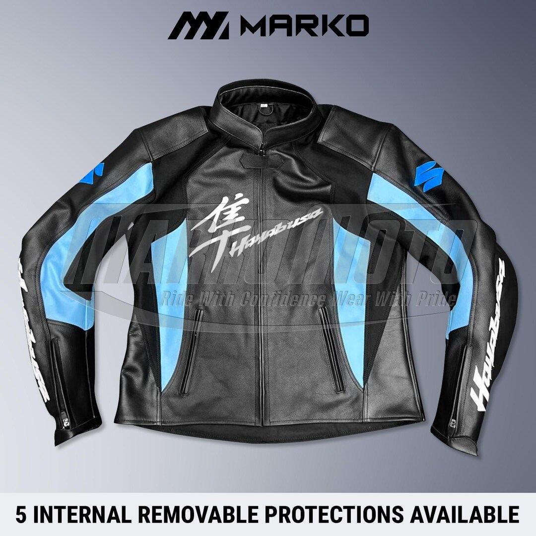 Suzuki Hayabusa Black and Blue Leather Motorcycle Racing Jacket ...