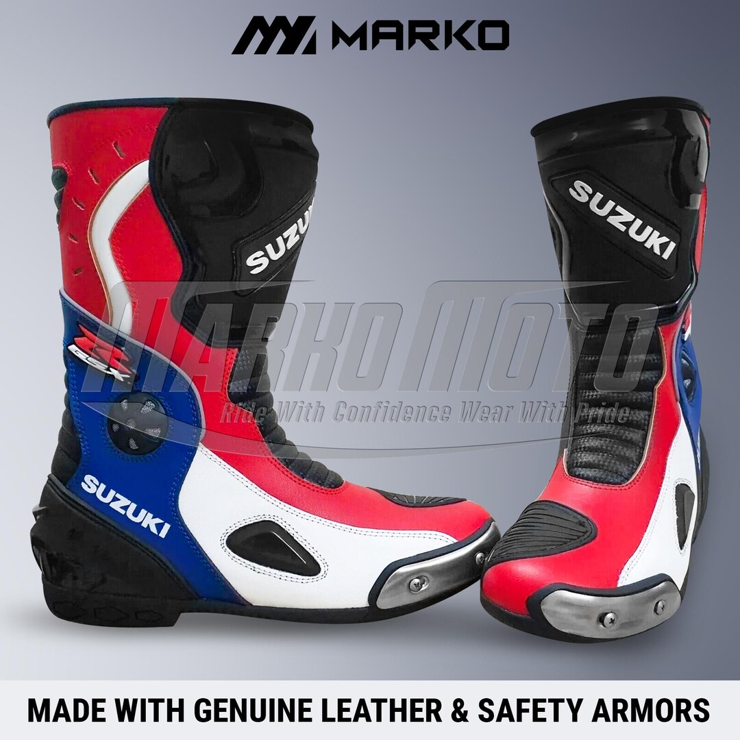 Suzuki GSX-R Leather Motorcycle Boots: Racing Red & Blue, Custom Fit - Etsy