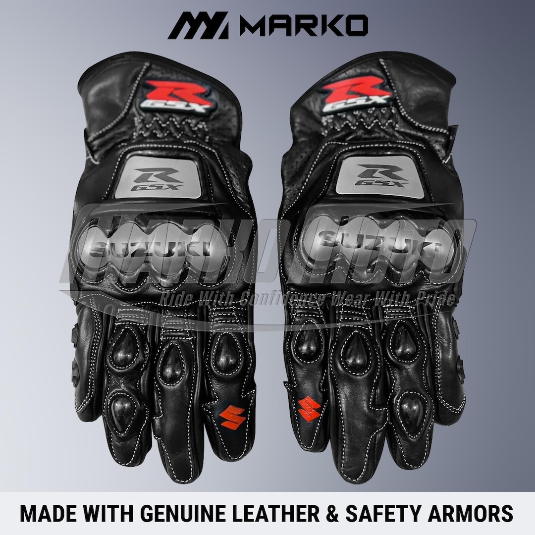 Suzuki GSX-R Black Leather Motorcycle Racing Gloves: Armored, Ergonomic ...
