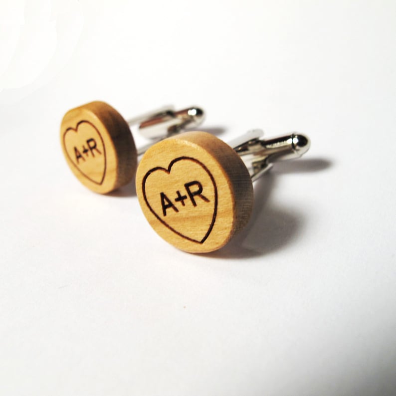 Carved Initials in Heart Wood Cuff Links Custom Letters | Etsy
