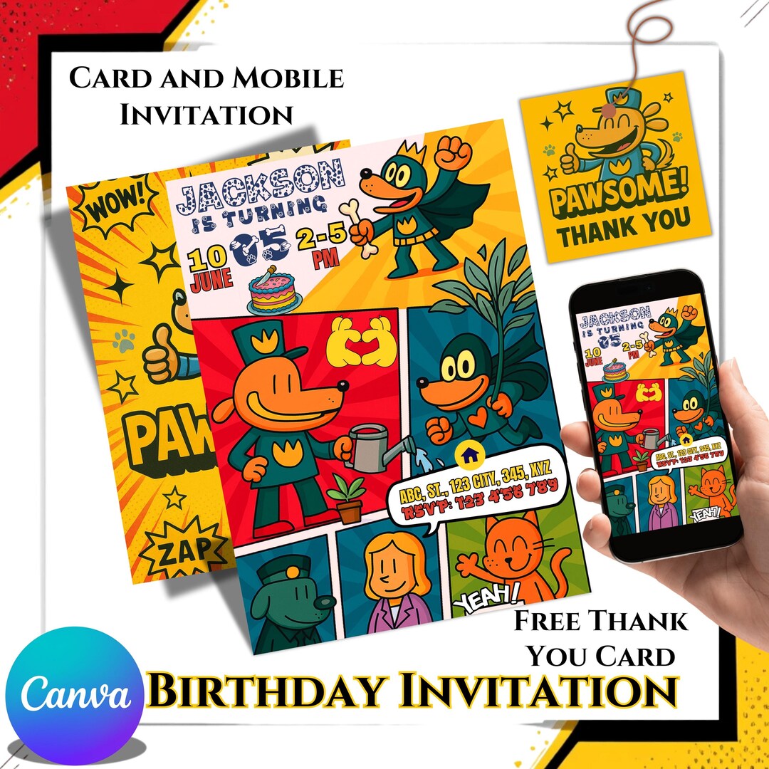 Dog Man Birthday Invitation | Dog Man Party Invitation | Editable Comic ...